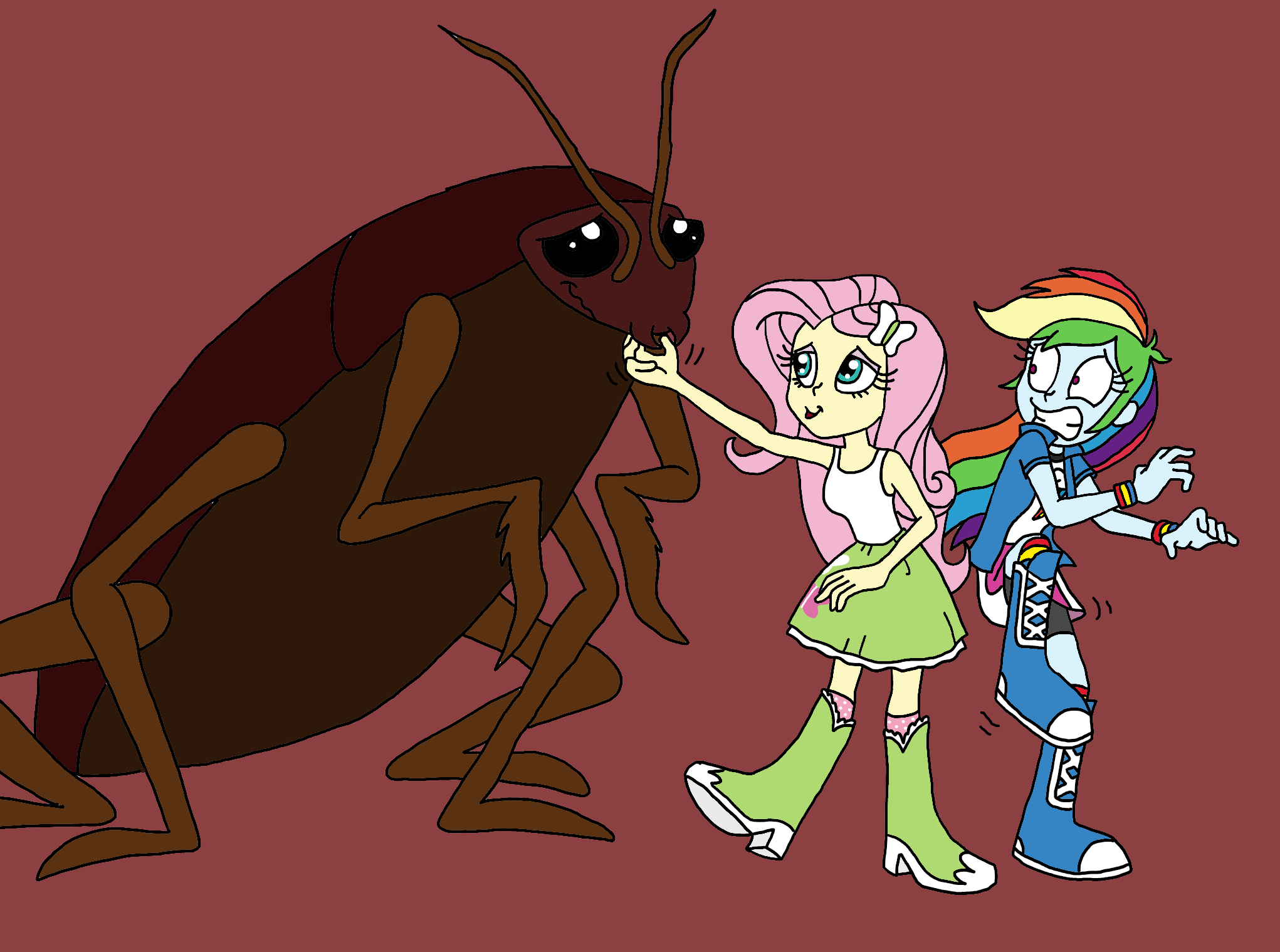 Safe Artist Bugssonicx Fluttershy Rainbow Dash Cockroach Insect Equestria Girls